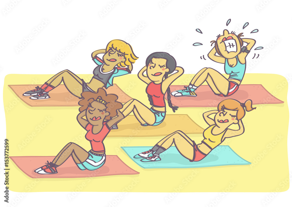 Funny vector cartoon illustration with group of women doing abs, one is ...