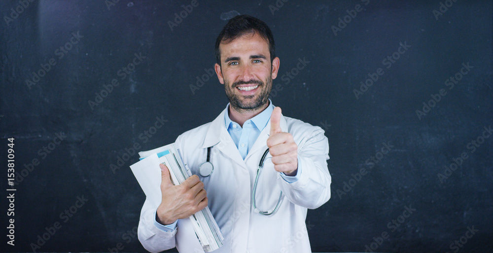 The portrait of the professor, the doctor (student) stands at the black ...