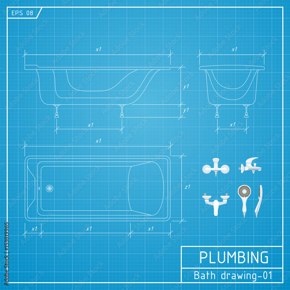 Bath outline. Front, side and top view. Vector illustration on ...