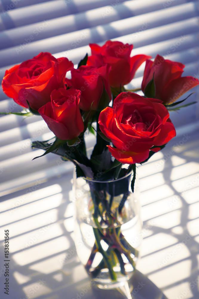 Bouquet of red roses in glass vase on windowsill background. Vase with ...
