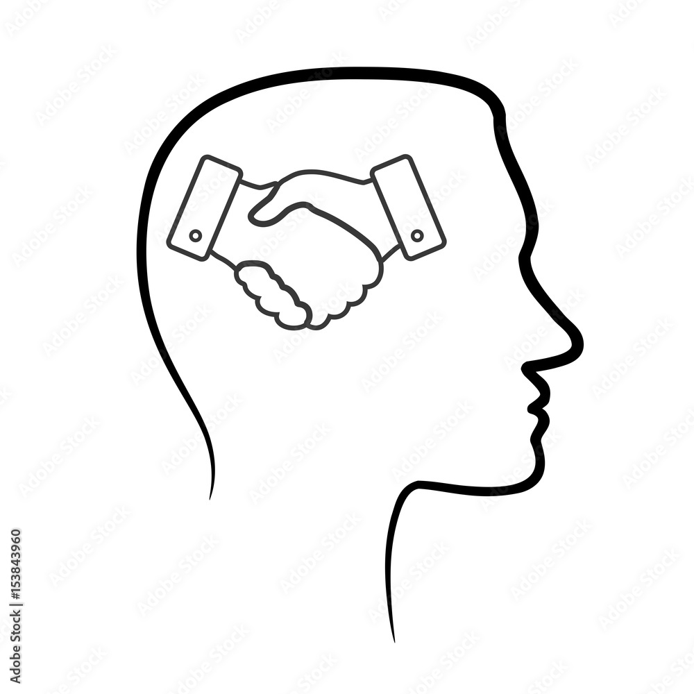 outline design icon with human head, brain and black linear handshake ...