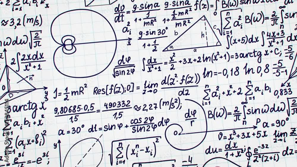 Zoom out of geometry formulas and equations written on squared paper ...