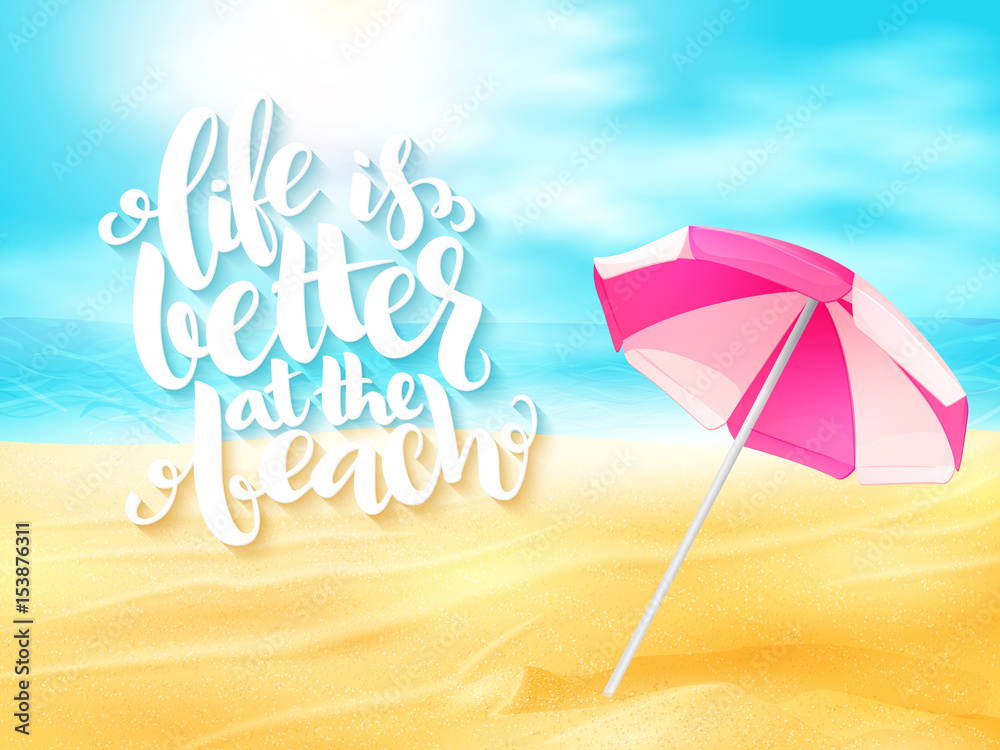 vector summer travel banner with sun umbrella and lettering phrase ...