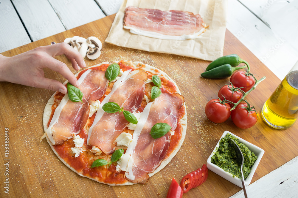 Traditional Italian pizza dough flat bread making tomato sauce ...