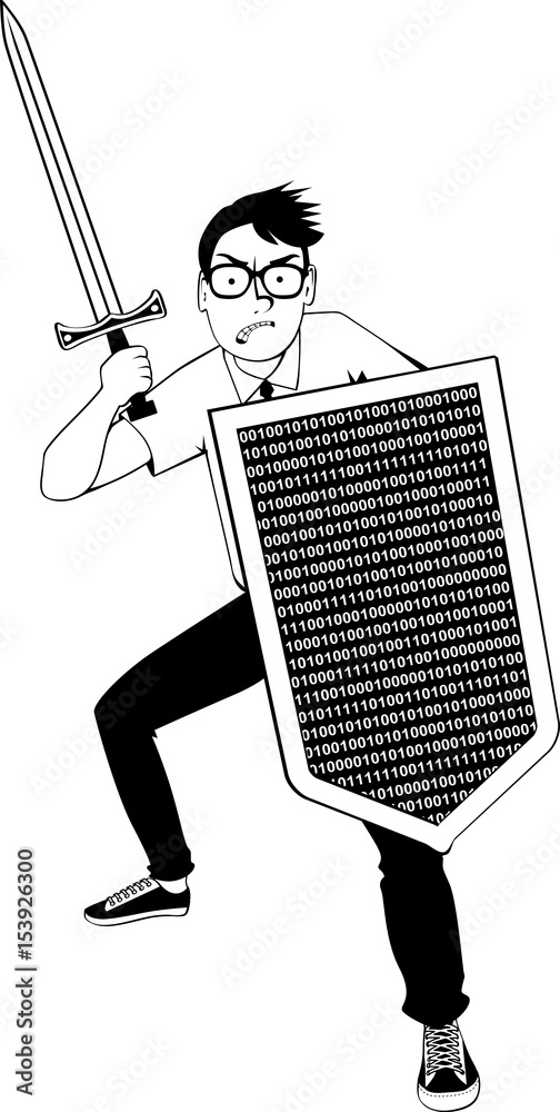 Cyber security specialist holding a sword and a shield with computer ...