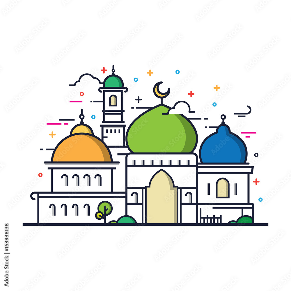 Modern line art Islamic Mosque building. White background, Modern ...