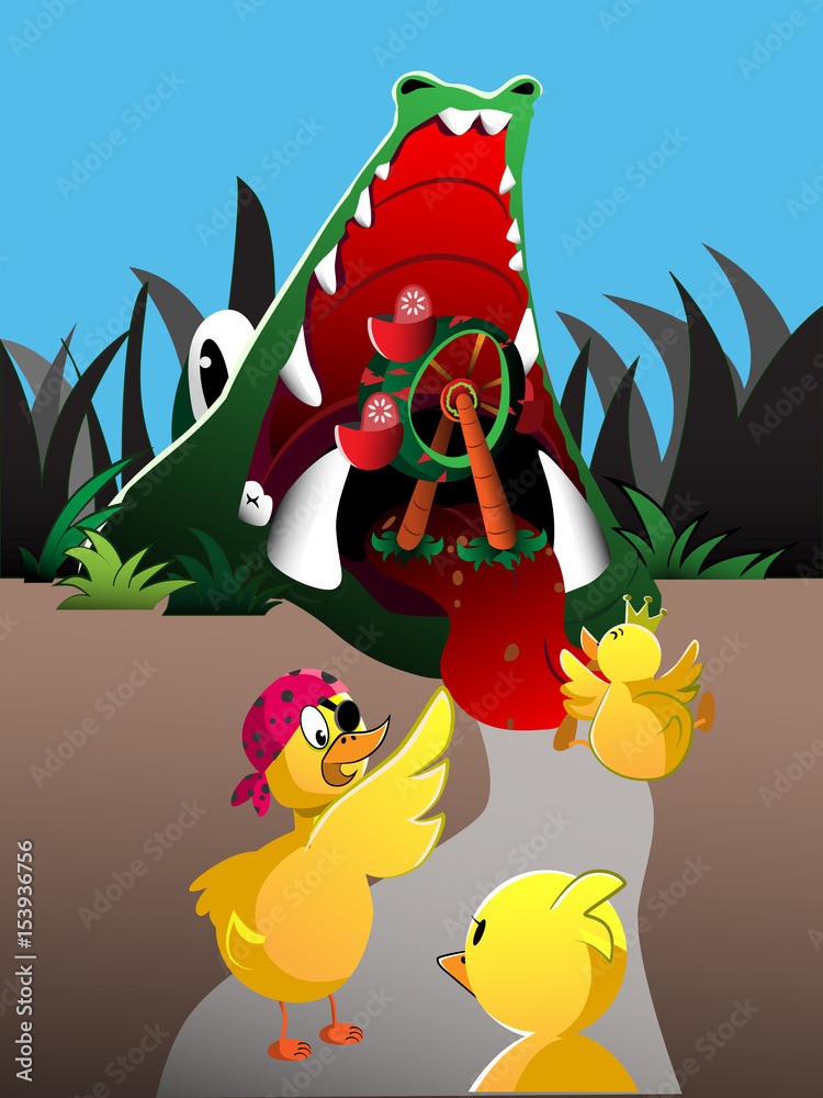 Three little chicken trapping by A Crocodiles Vector Cartoon ...