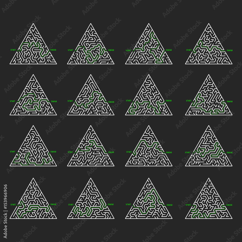 Triangular Maze Game background set. Labyrinth with entry and exit ...