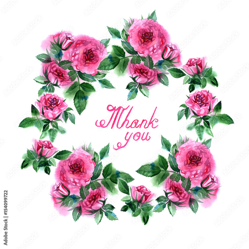 Hand drawn watercolor purple roses with circle copy-space and thank you ...