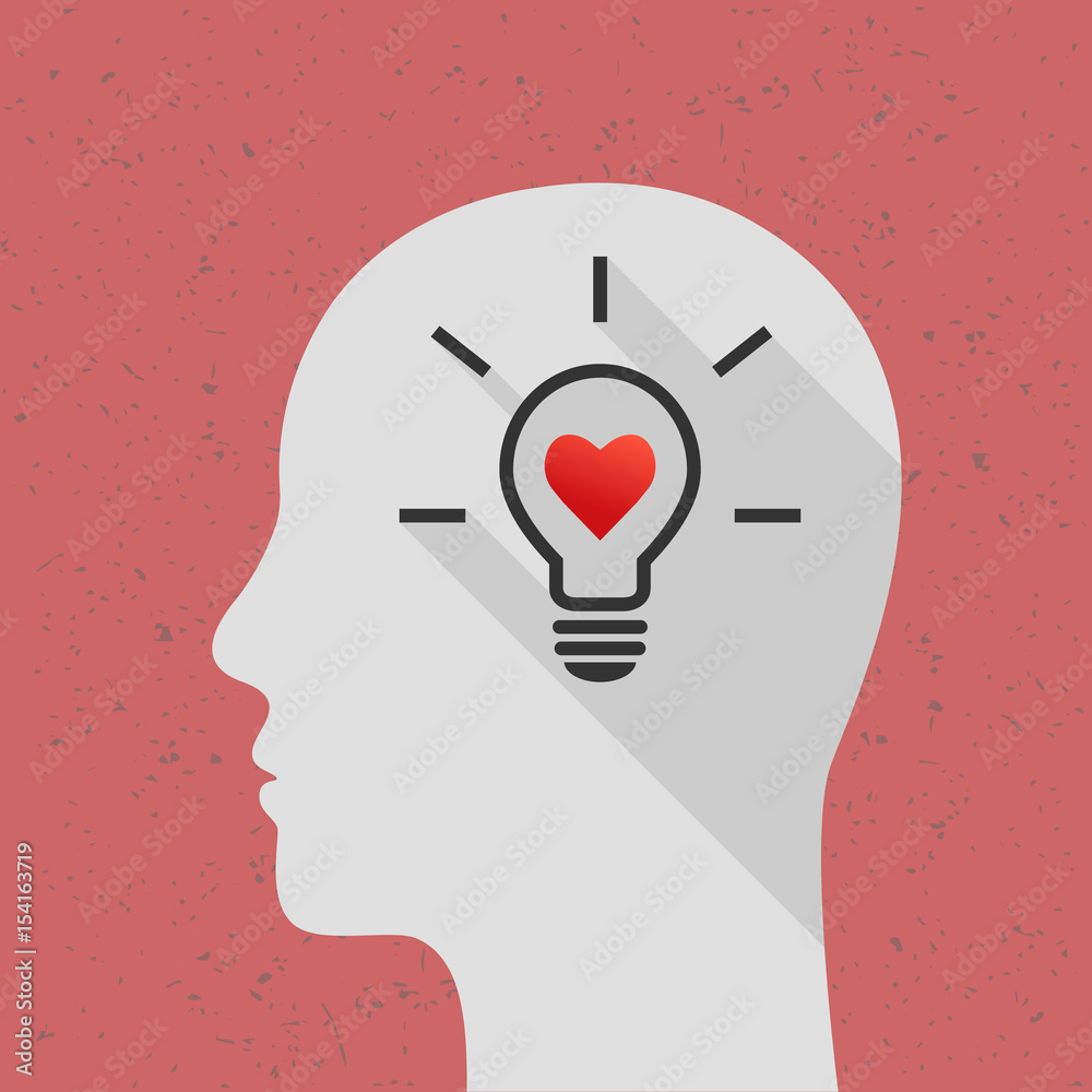 Positive thinking concept with lightbulb, heart shape and human head ...