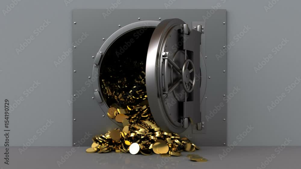 3d animated vault door opening and coins falling Stock ビデオ | Adobe Stock