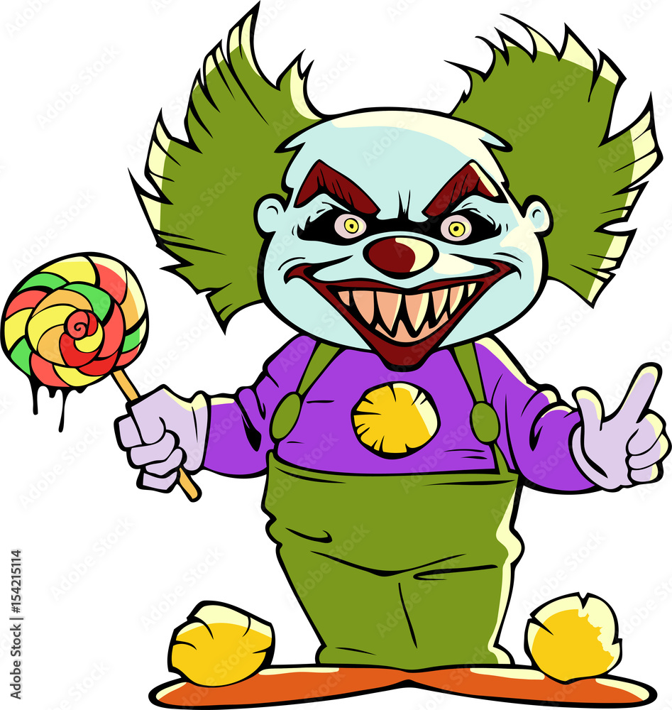 Cartoon halloween illustration of an evil clown holding a lollypop ...