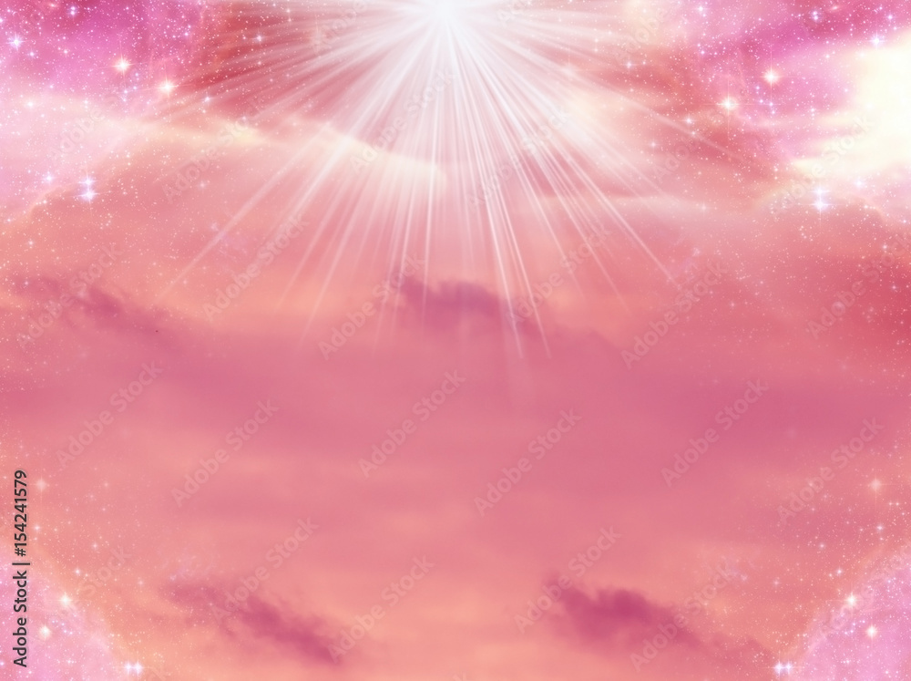 pink background with rays of light and stars, sky clouds in divine ...
