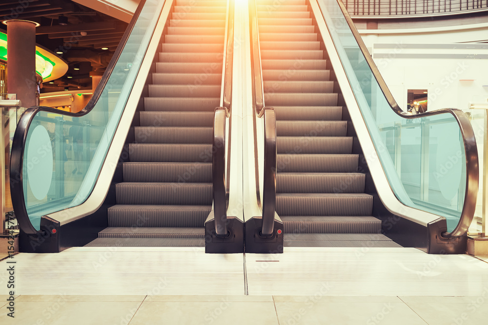 Empty escalator or moving stair. Also called stairway or staircase ...