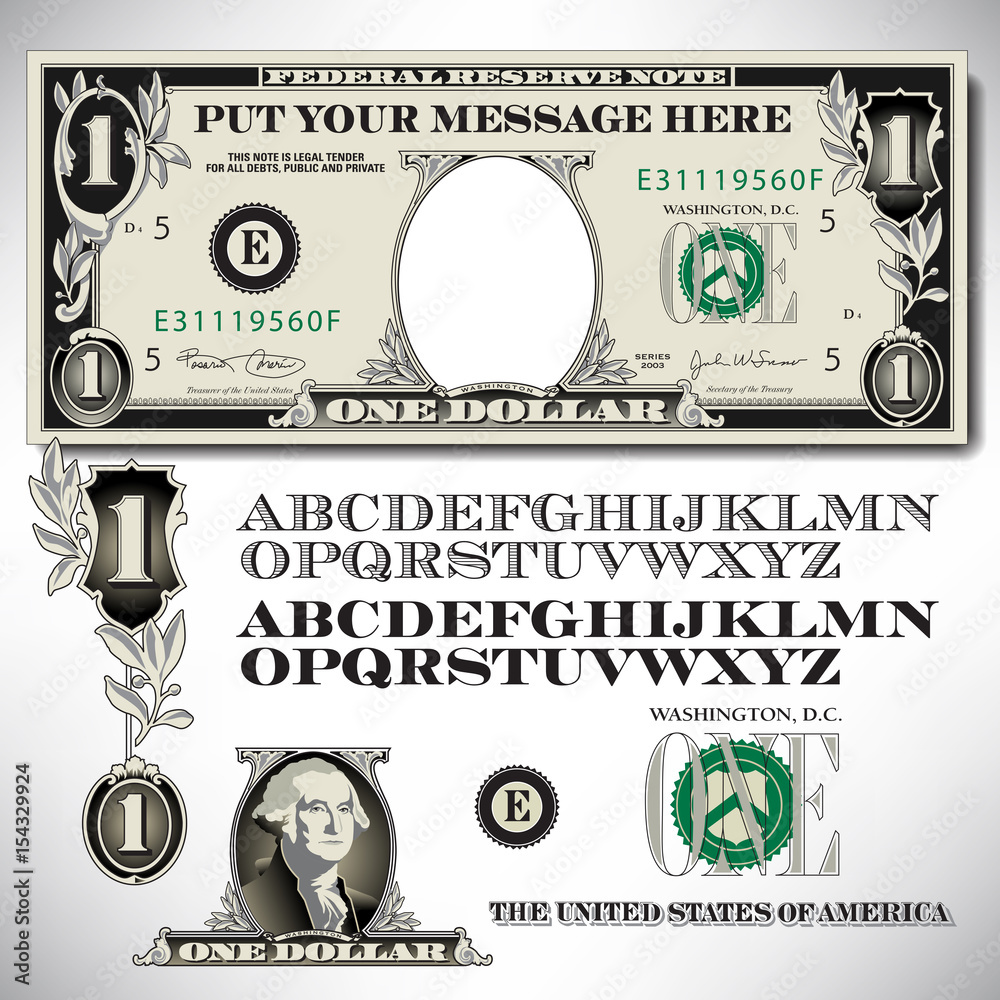 One dollar bill parts with an alphabet to make your own message Stock ...