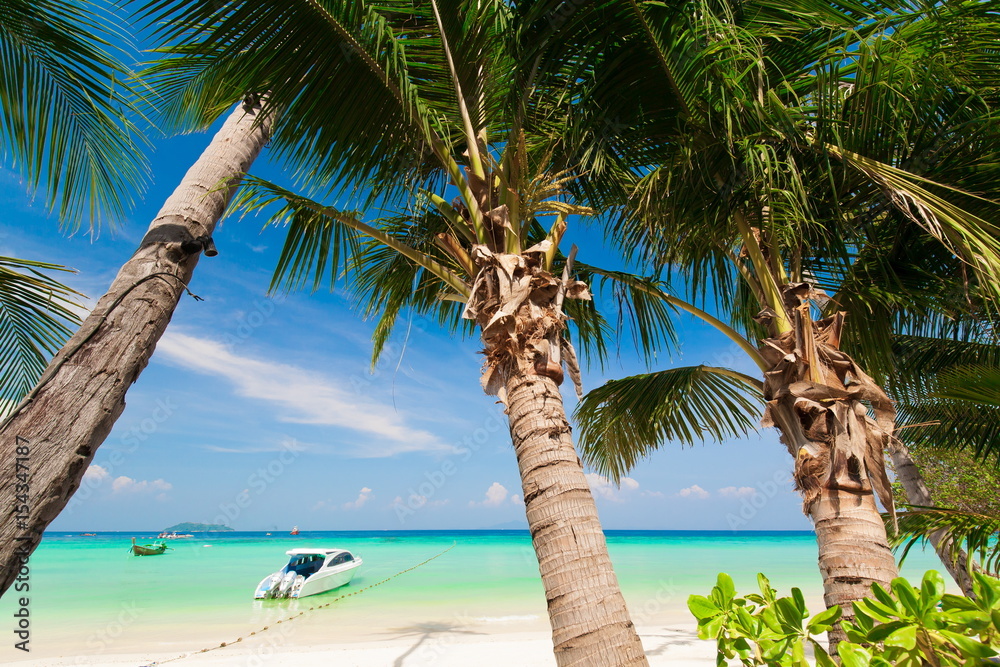 Thailand. Sea background. Palms, white sand, yacht Stock Photo | Adobe ...