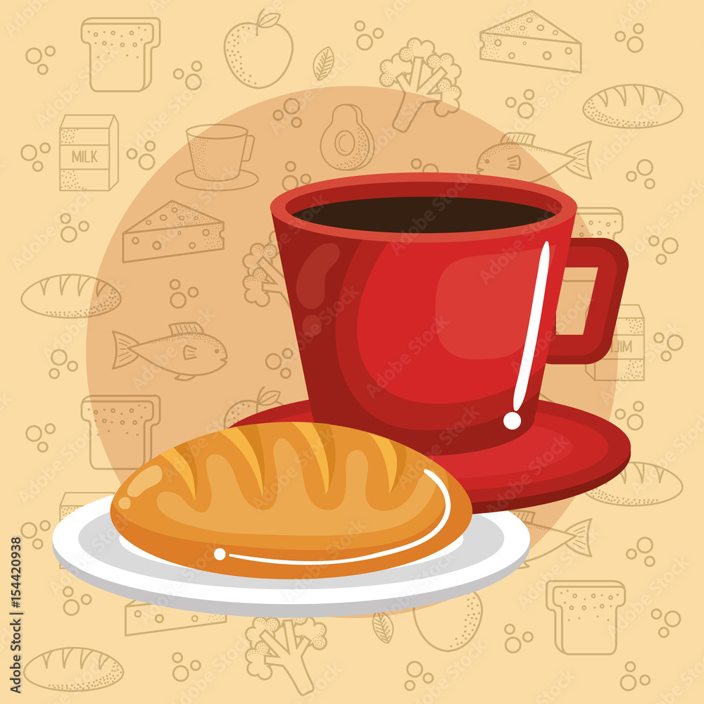 Coffee and bread over beige background with hand drawn food. Vector ...