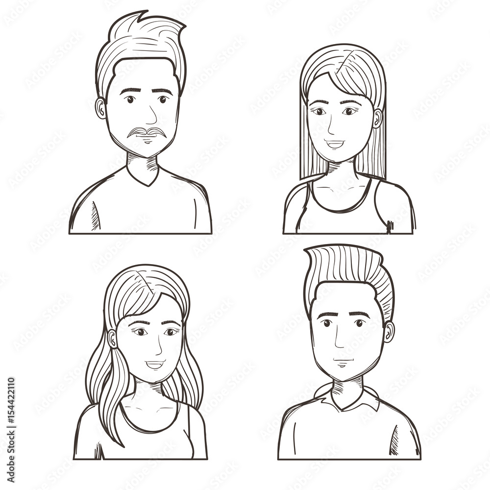 Hand drawn uncolored people set over white background. Vector ...