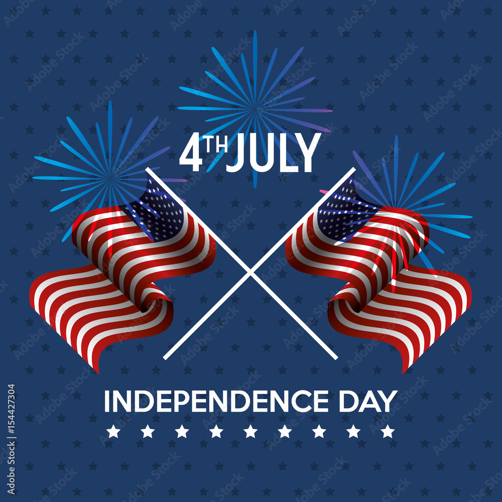 Waving american flags with 4th july sign and fireworks over blue starry ...
