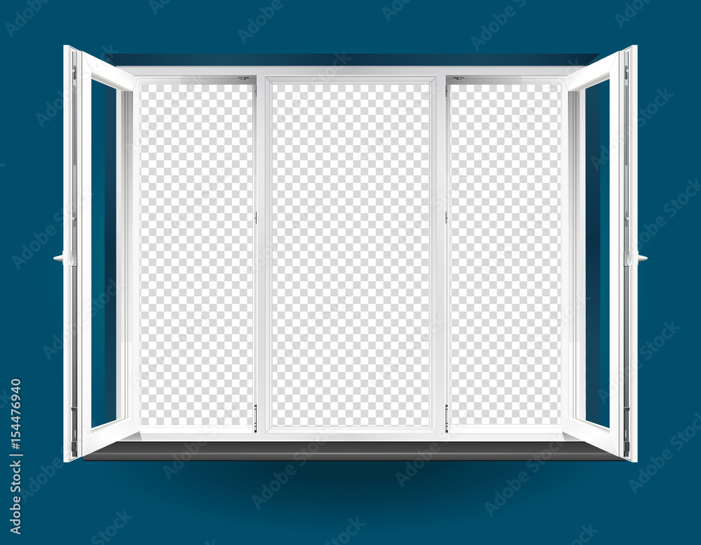 Triple leaf window open with white frames and transparent background ...