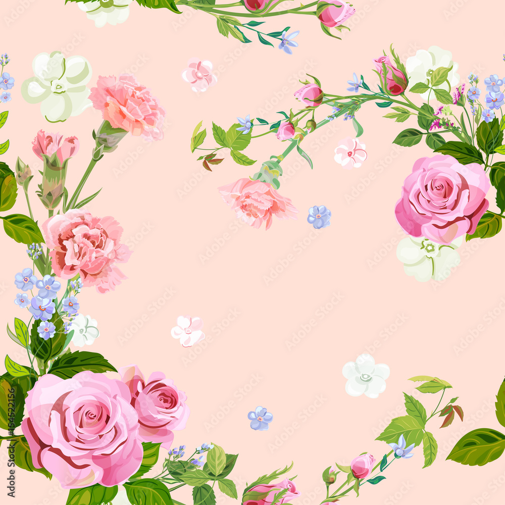 Vector square floral seamless pattern with pink rose, carnation, blue ...