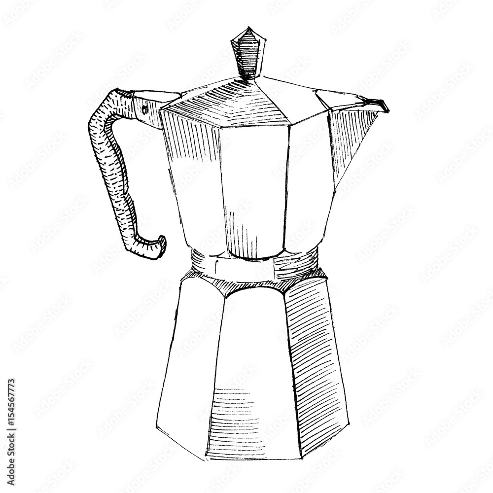The black ink drawing of coffee maker isolated on white background ...