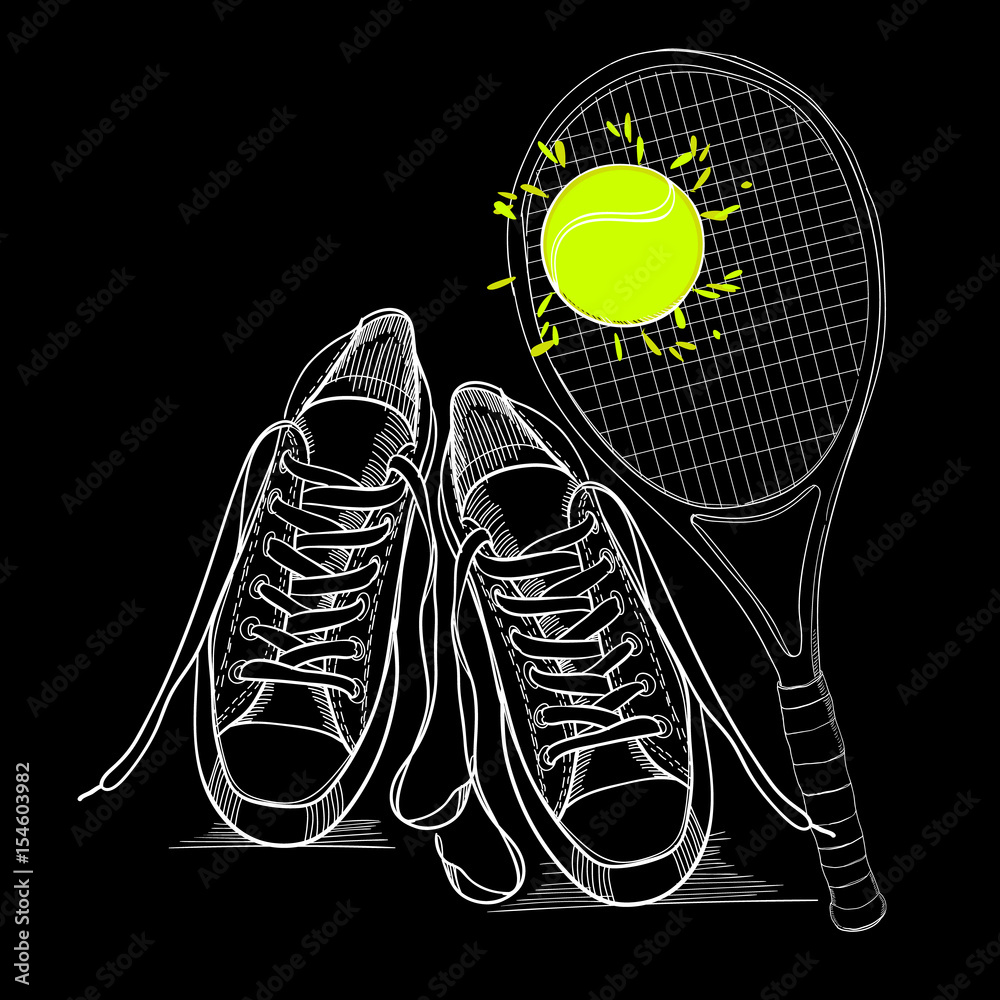 illustraton of drawing isolated objects sneakers withtennis racquet and ...