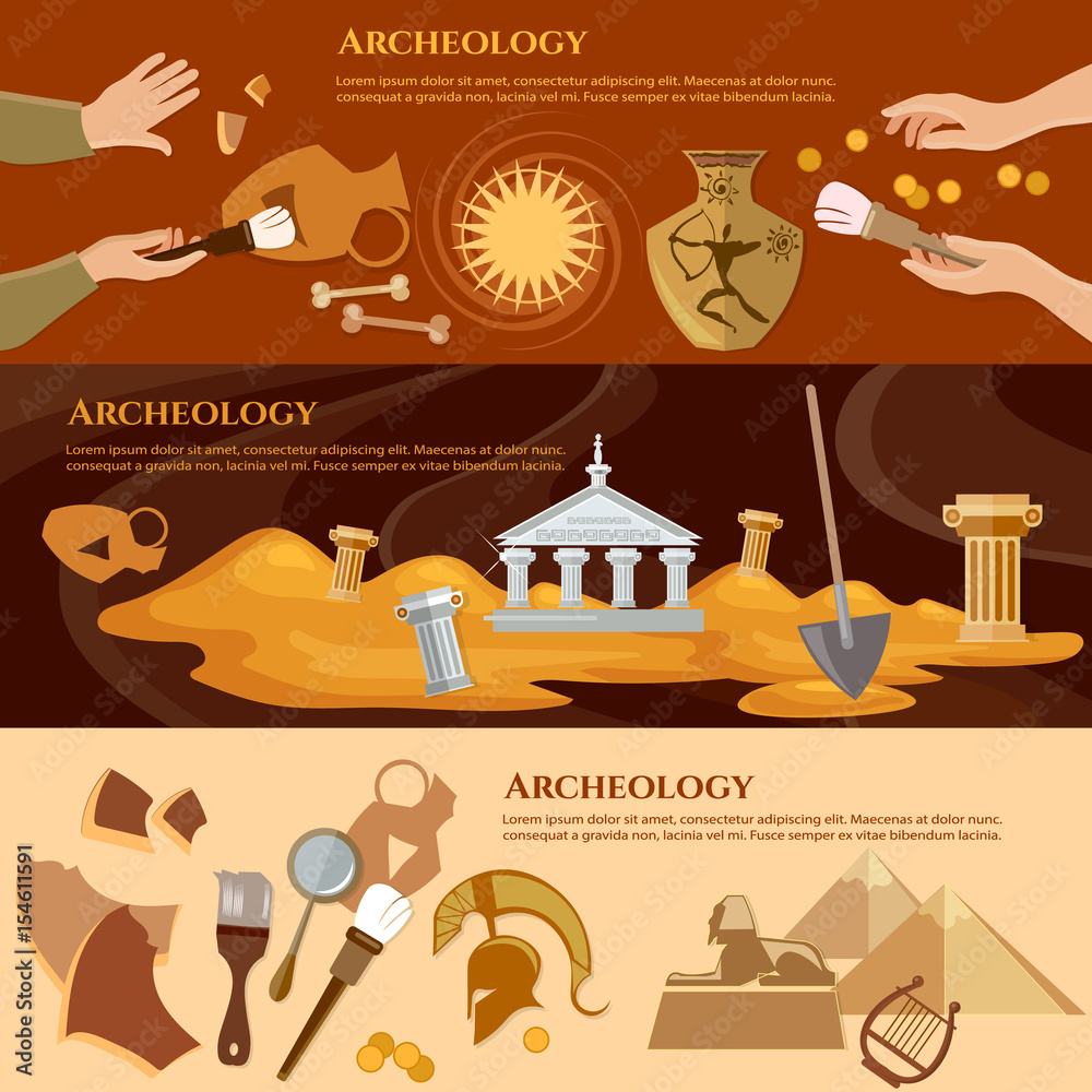 Archeology and paleontology banner. Archaeological excavation and ...