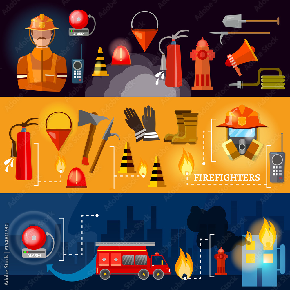 Professional firefighters banners fire safety equipment fireman vector ...