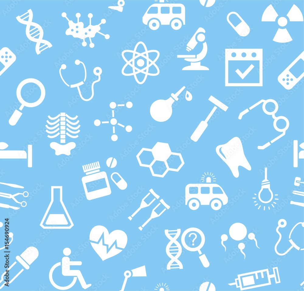 Medicine, blue background, flat, seamless, vector. Medical services ...