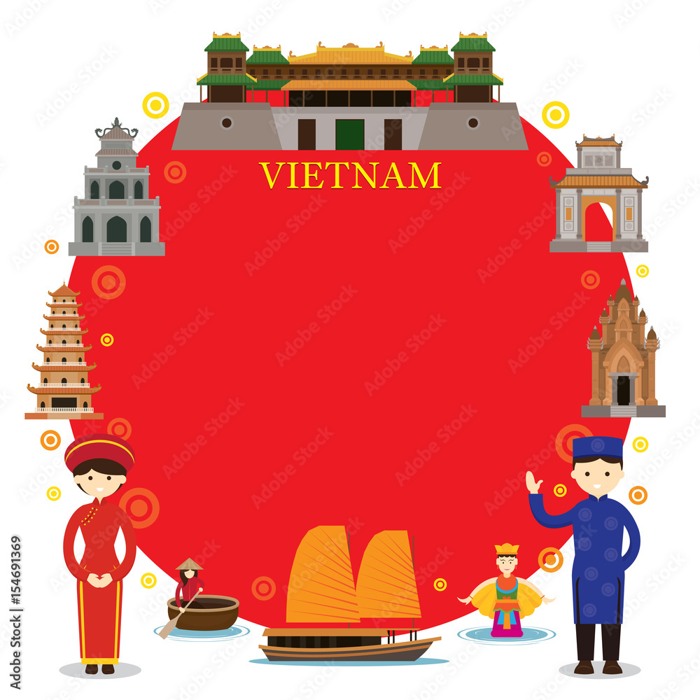 Vietnam Landmarks, People in Traditional Clothing, Frame Stock Vector ...