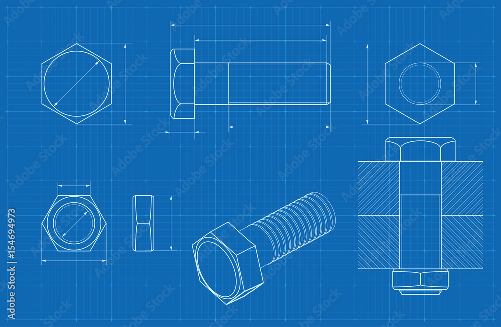 Metal bolt technical drawing on blueprint graph paper Stock Vector ...