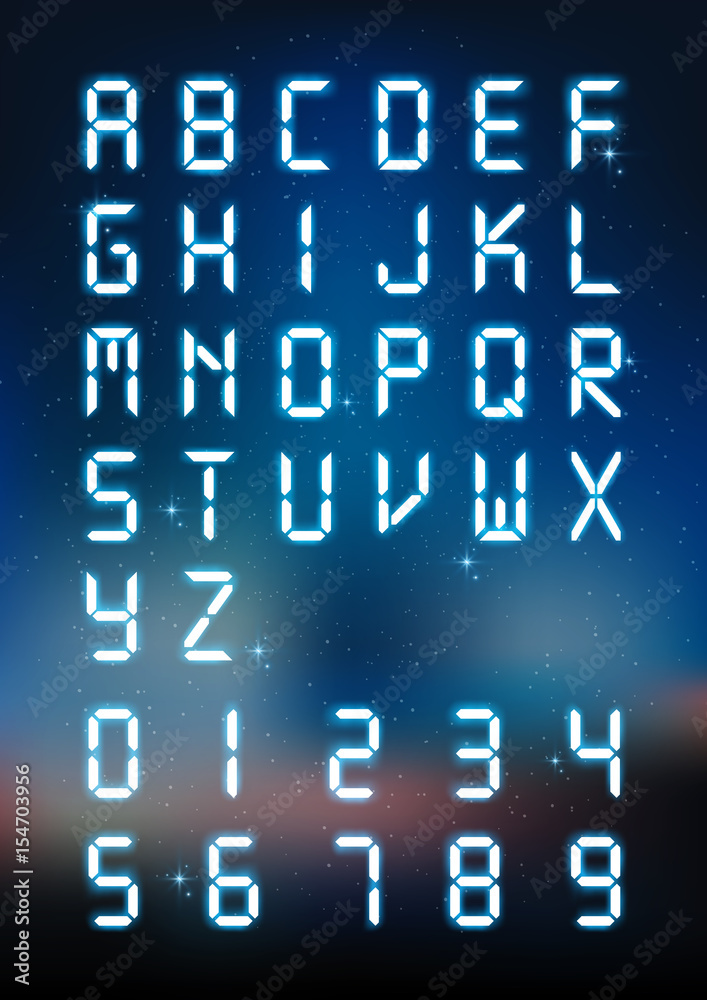 Glow digital alphabet and number for digital text, technology font ...