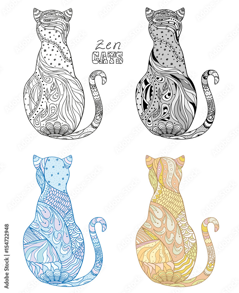 Zen cats. Design Zentangle. Hand drawn cat with abstract patterns on ...