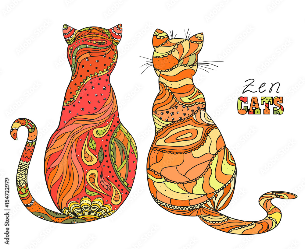Zen cats. Design Zentangle. Hand drawn cat with abstract patterns on ...