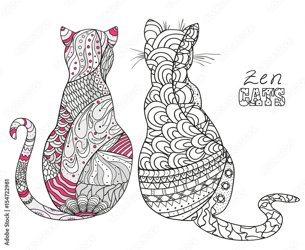 Zen cats. Design Zentangle. Hand drawn cat with abstract patterns on ...
