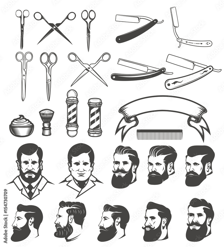 Set of barber tools. Man's heads. Design elements for logo, label ...