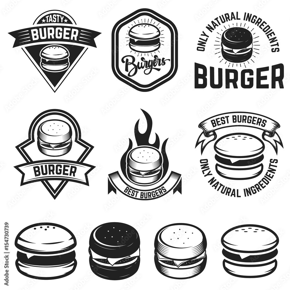 Set of burger labels. Design elements for logo, emblem, menu, sign ...