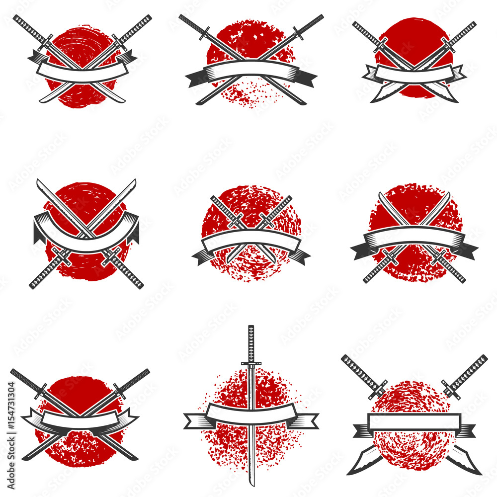 Set of labels with samurai swords. Design elements for logo, label ...