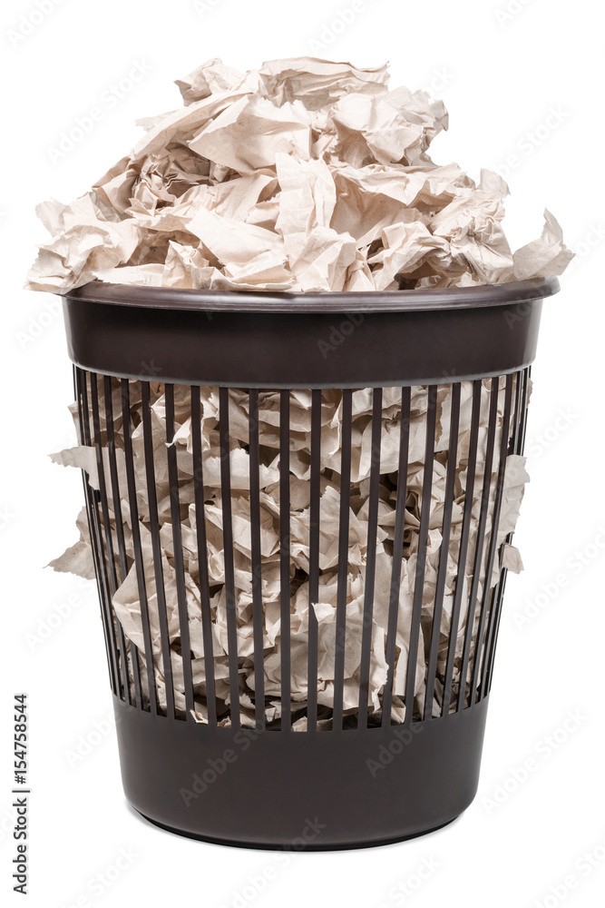 Plastic trash can full of crumpled paper isolated on white background ...