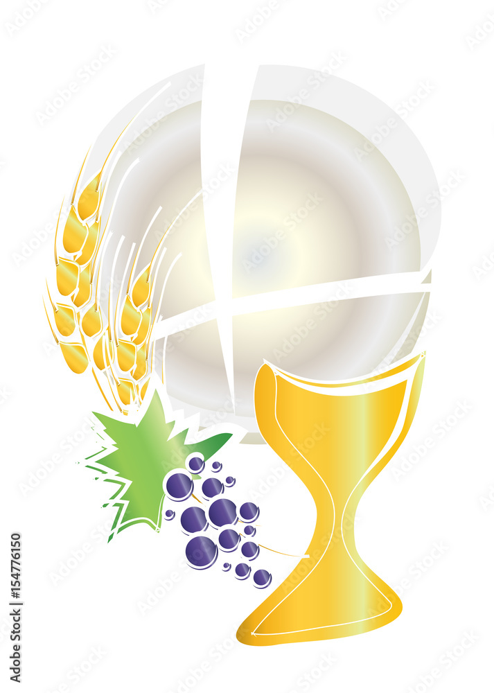 Eucharist symbols with chalice and host, bread and wine, with wheat ...
