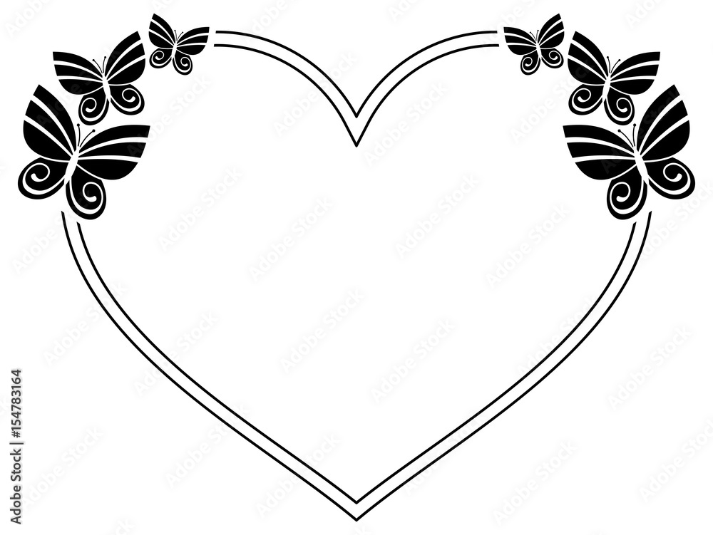 Heart shaped silhouette frame with butterflies. Vector clip art. Stock ...
