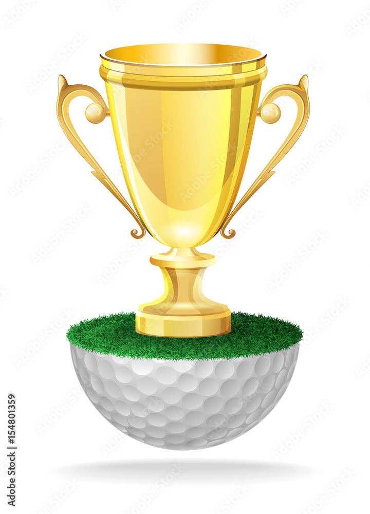 Shiny golden cup trophy on golf ball. Vector isolated illustration on ...