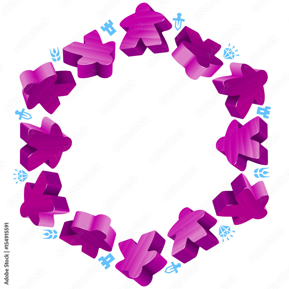 Hex frame of purple meeples for board games. Game pieces and resources ...