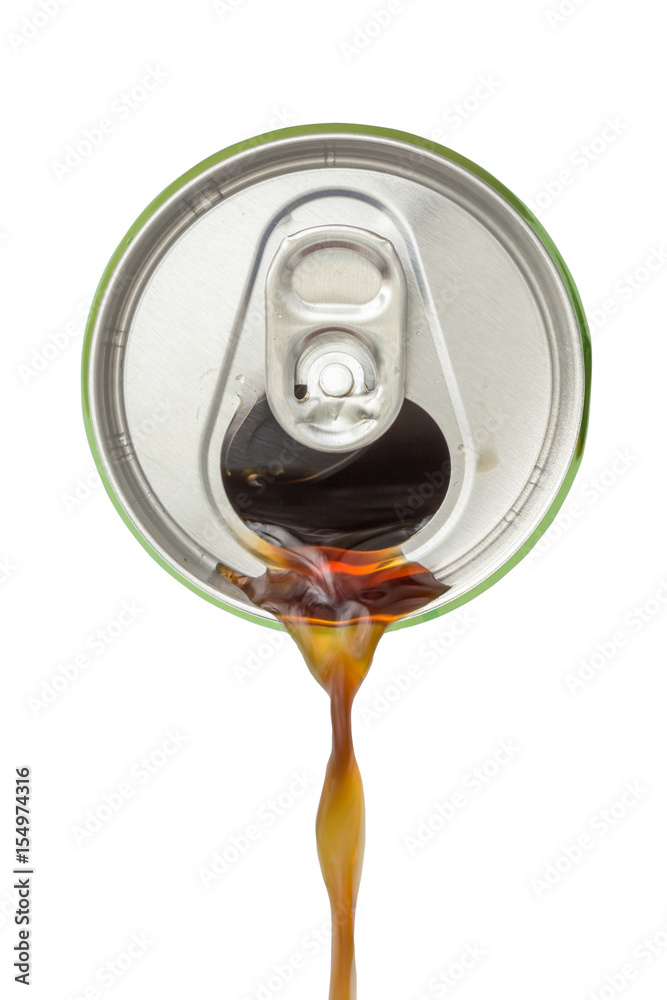 Top view of soda pouring from the aluminum beverage can on white ...