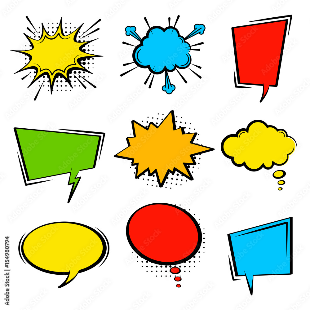 Comic Speech Bubble Set Empty Cartoon Colored Cloud Pop Art Expression Speech Boxes Comics
