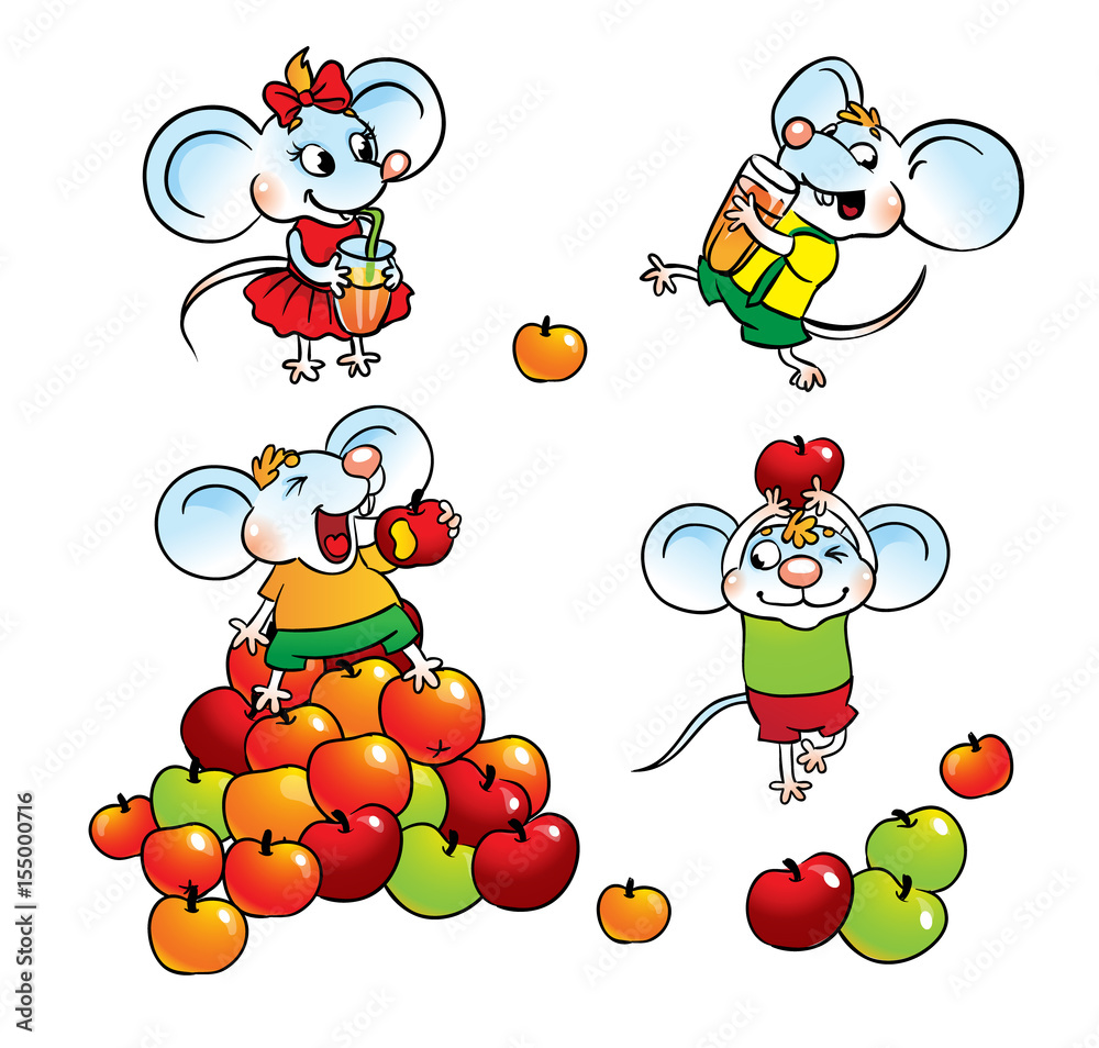 Set of cartoon mouse, healthy eating. Mouse eating apples and drinking ...