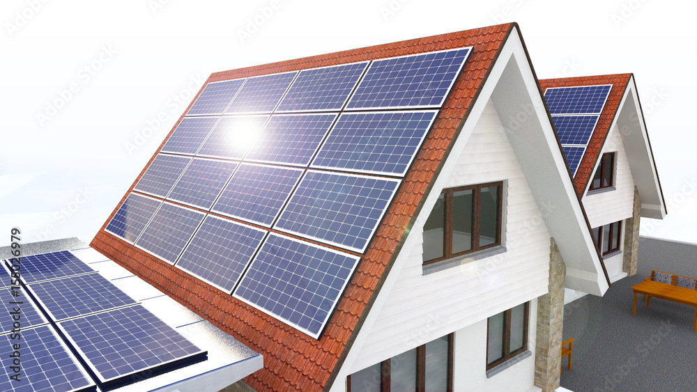 Solar Power House 3d concept, Solar Panels With Lens Flare, Renewable ...