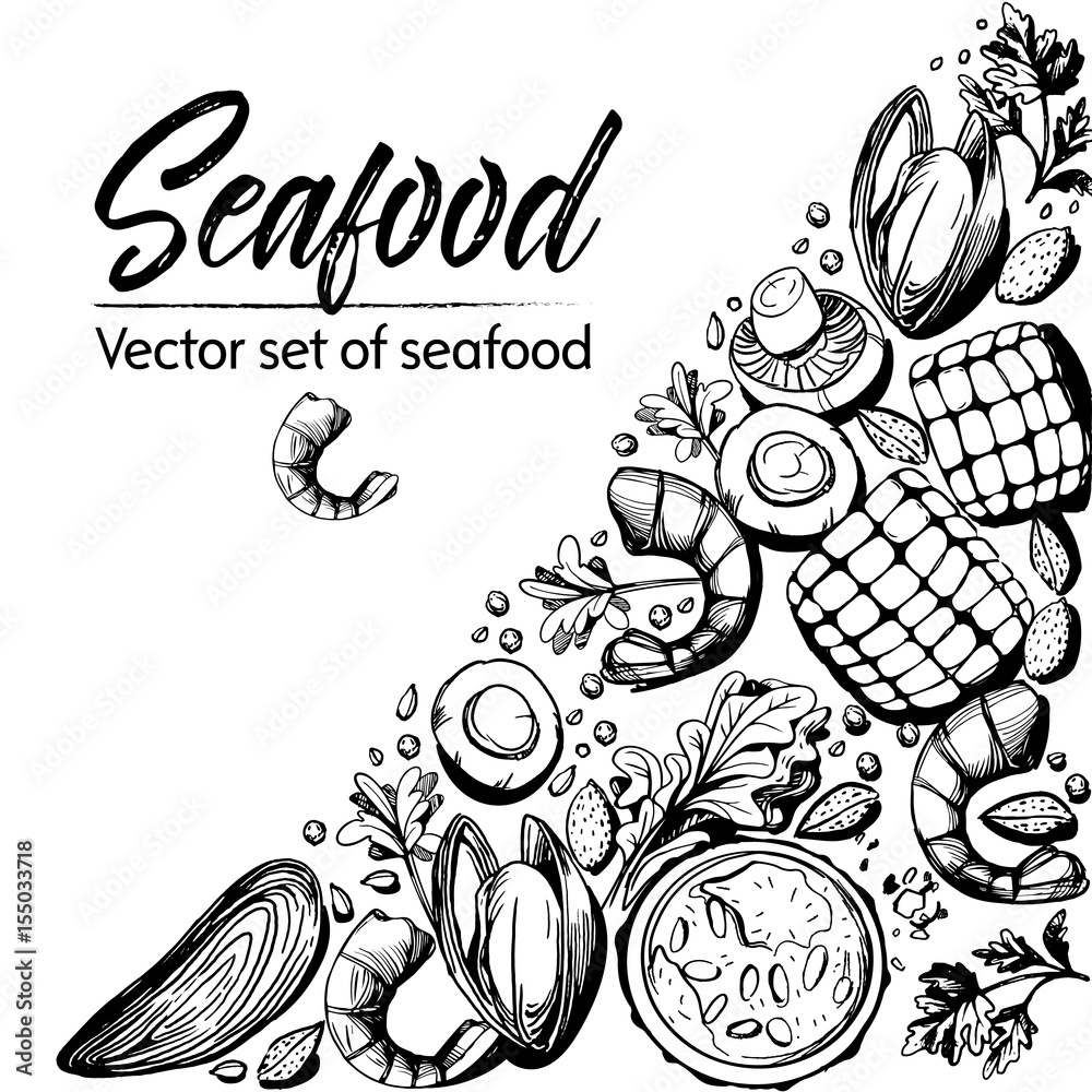 Vector set of seafood design for menu, packaging, corporate identity ...