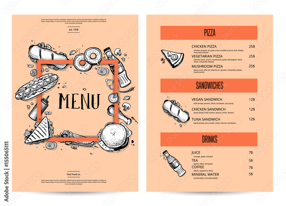 Vintage creative food menu with hand drawn graphic. Fast food vector ...